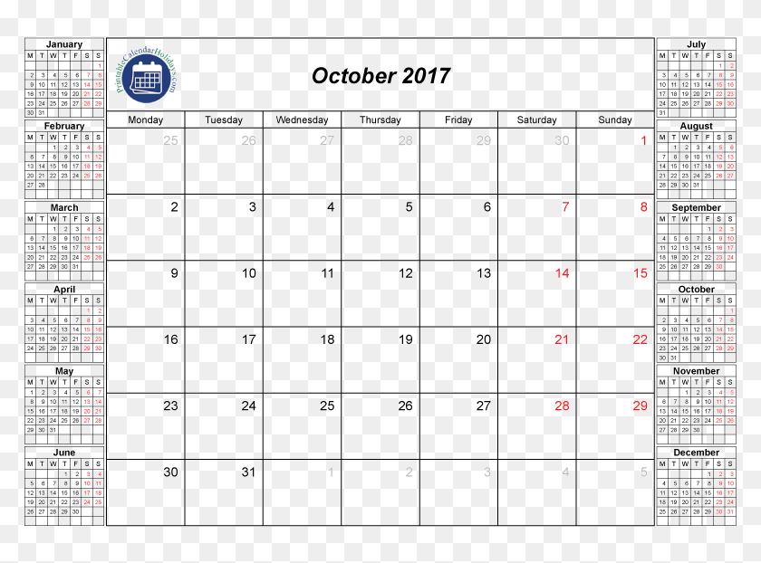 Printable 2017 Monthly Calendar October